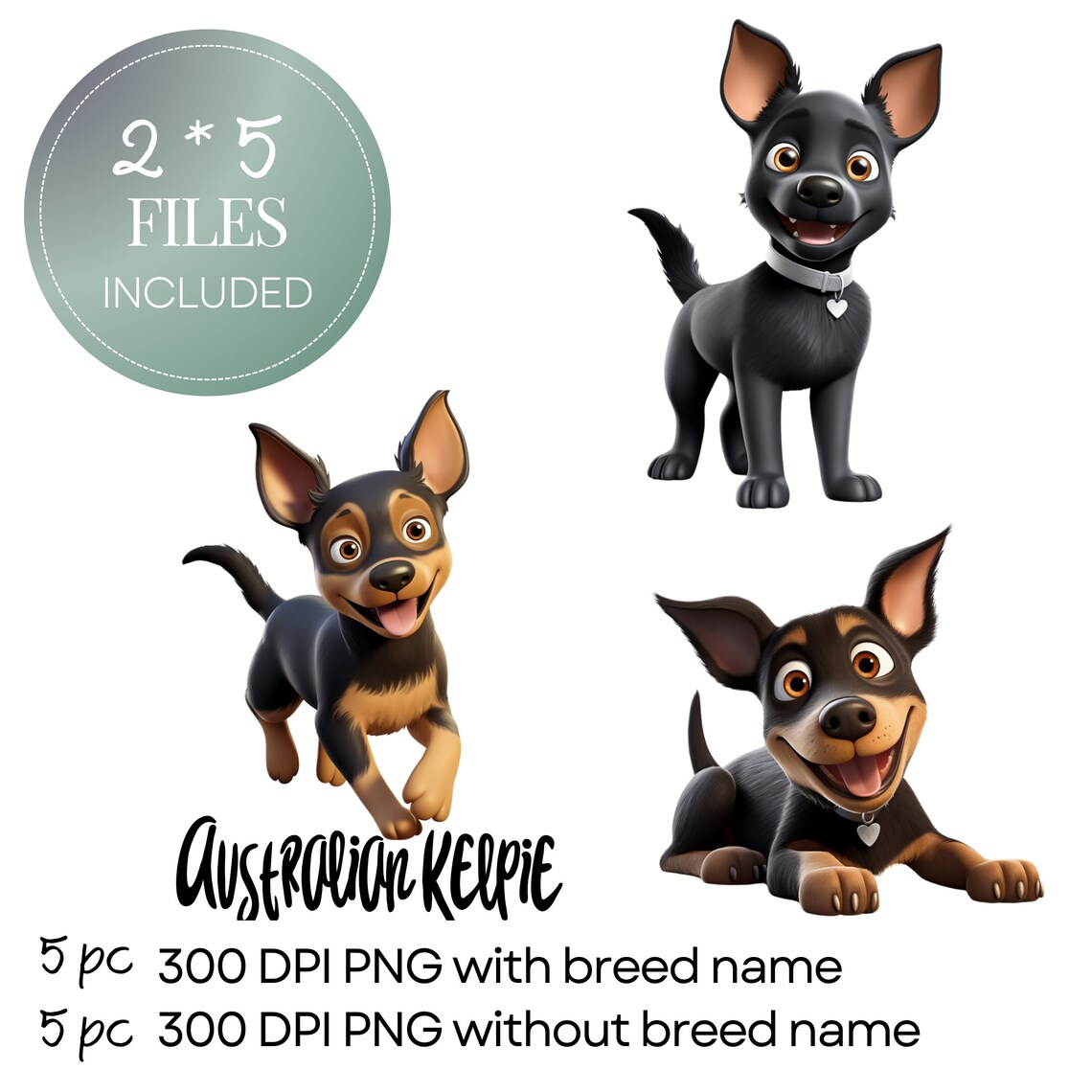 5pc Cartoon Australian Kelpie Dog Clipart PNG Bundle, Cute Dog POD ...