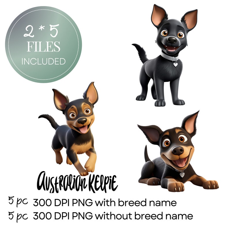 5pc Cartoon Australian Kelpie Dog Clipart PNG Bundle, Cute Dog POD ...
