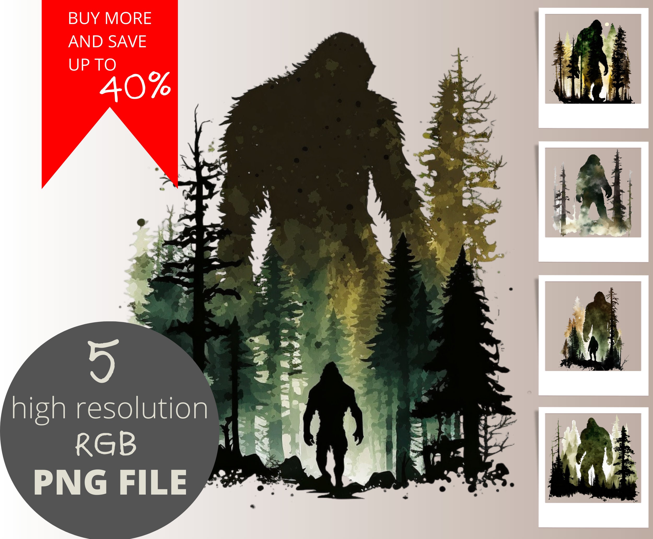 5pc Bigfoot Water Color PNG Bundle, Sasquatch Yeti Hiking Clipart, POD ...