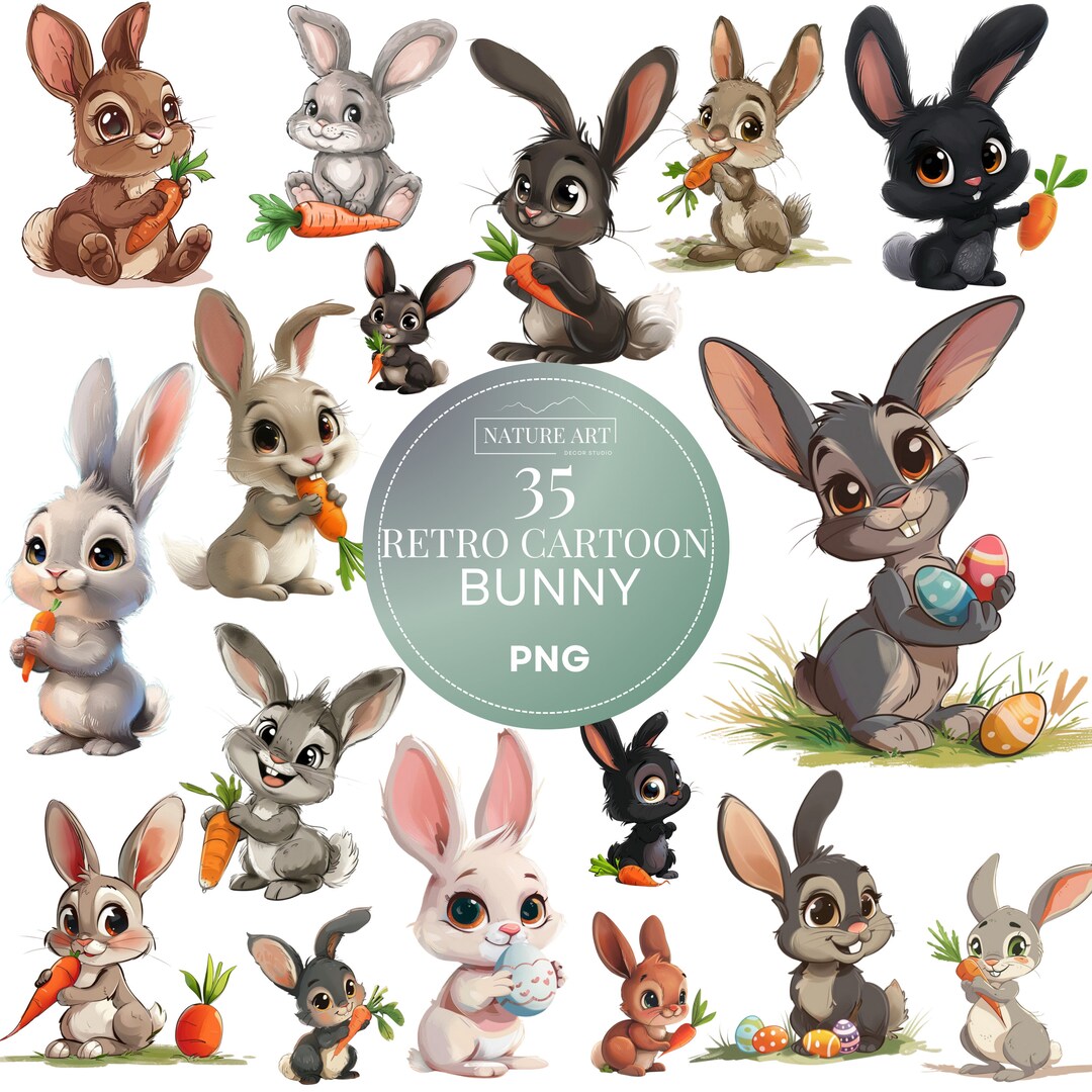 35pc Retro Cartoon Bunny PNG Bundle, Super Cute Bunny Clipart, Cartoon ...