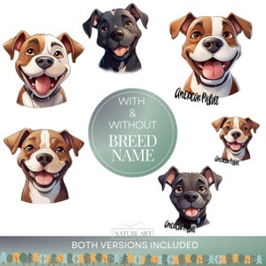 5pc Cartoon American Pitbull Dog Head PNG Bundle, Puppy Portrait POD ...