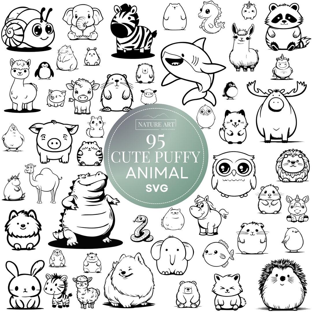 95pc Cute Puffy Animal Doodle SVG Bundle, Cute Woodland Animals, Fluffi ...
