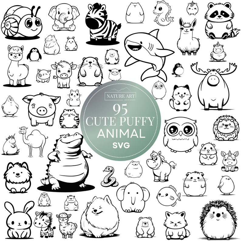 95pc Cute Puffy Animal Doodle SVG Bundle, Cute Woodland Animals, Fluffi ...