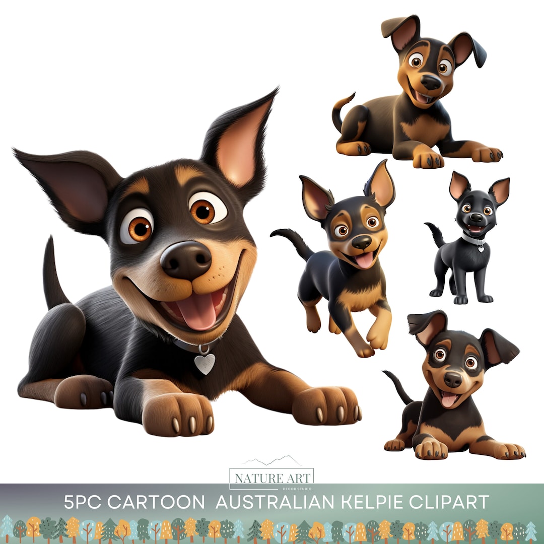 5pc Cartoon Australian Kelpie Dog Clipart PNG Bundle, Cute Dog POD ...