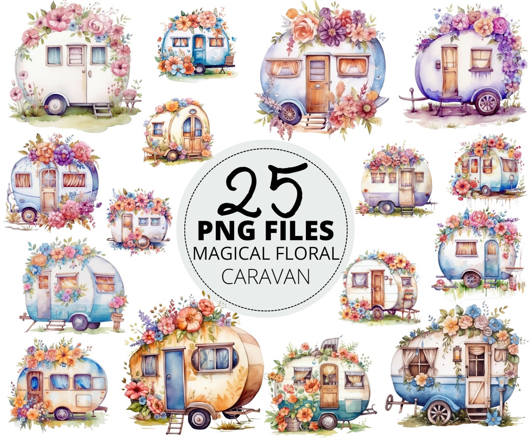 Enchanting Blooms on Wheels, 25pc Magical Floral Caravan PNG Bundle ...