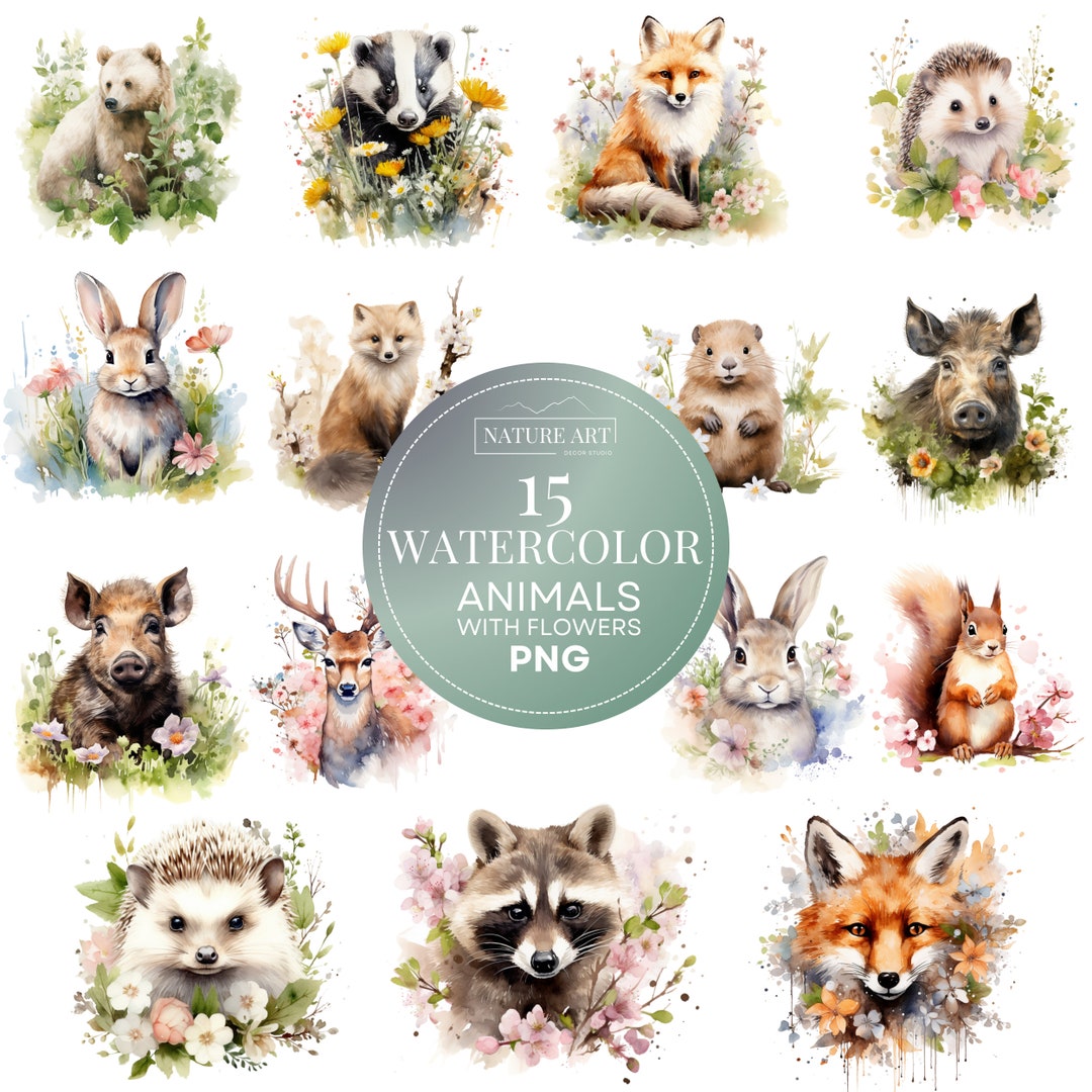 15pc Wonderful Animals With Flowers PNG Bundle, Watercolor Animal ...