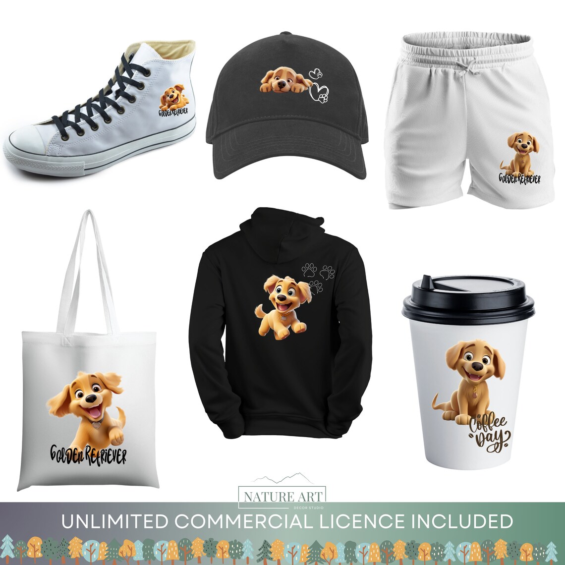 5pc Cartoon Golden Retriever Dog Clipart PNG Bundle, Cute Dog POD ...