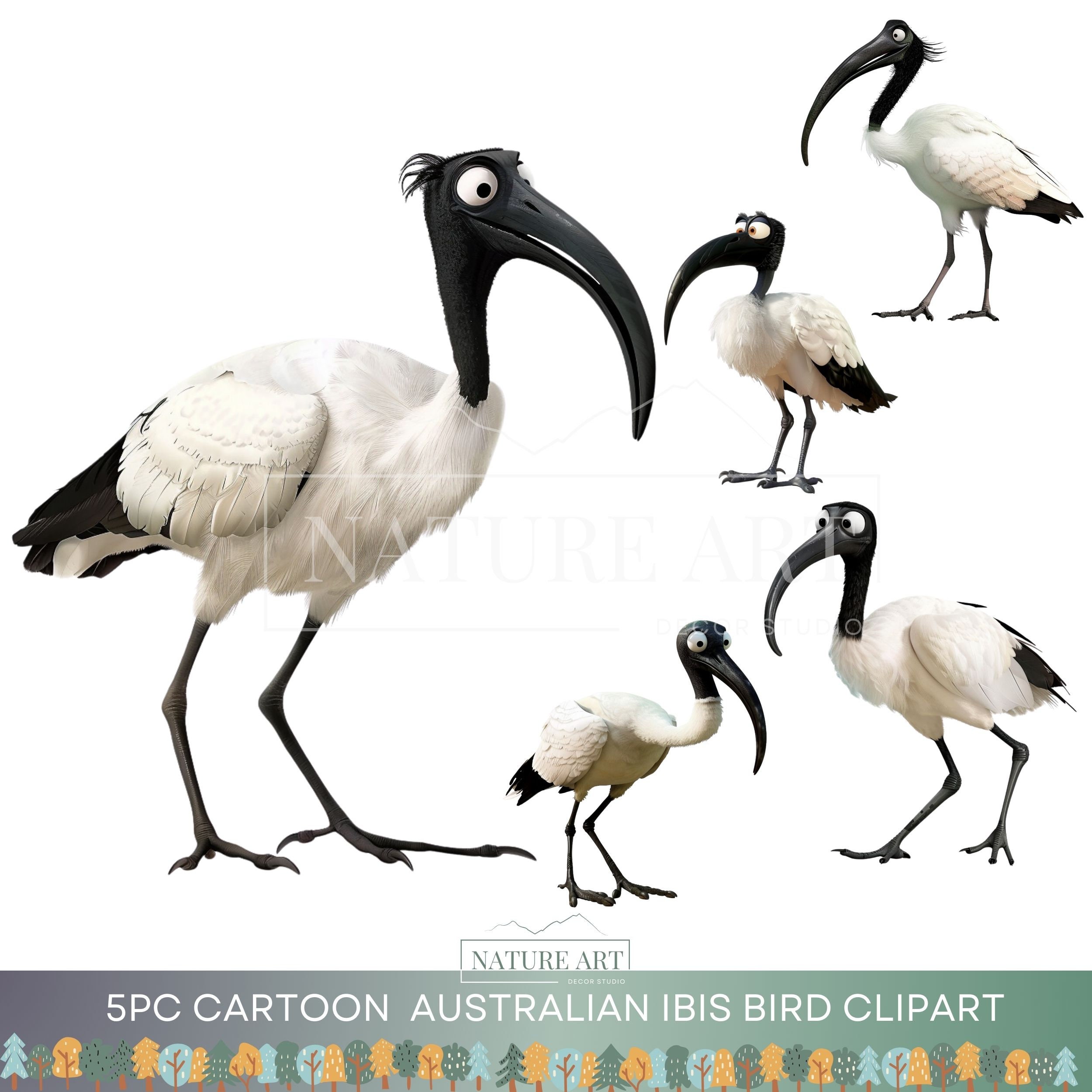 5pc Cartoon Australian White IBIS Bird Clipart PNG Bundle, Cute Ibis ...