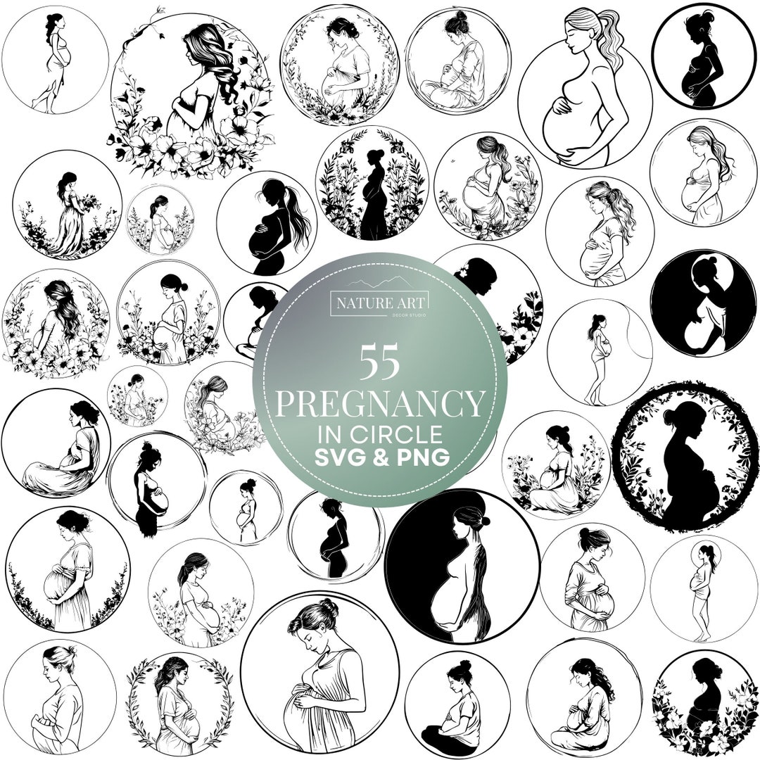 55pc Pregnant Woman Circle Doodle SVG Bundle, Pregnancy Reveal Clipart ...