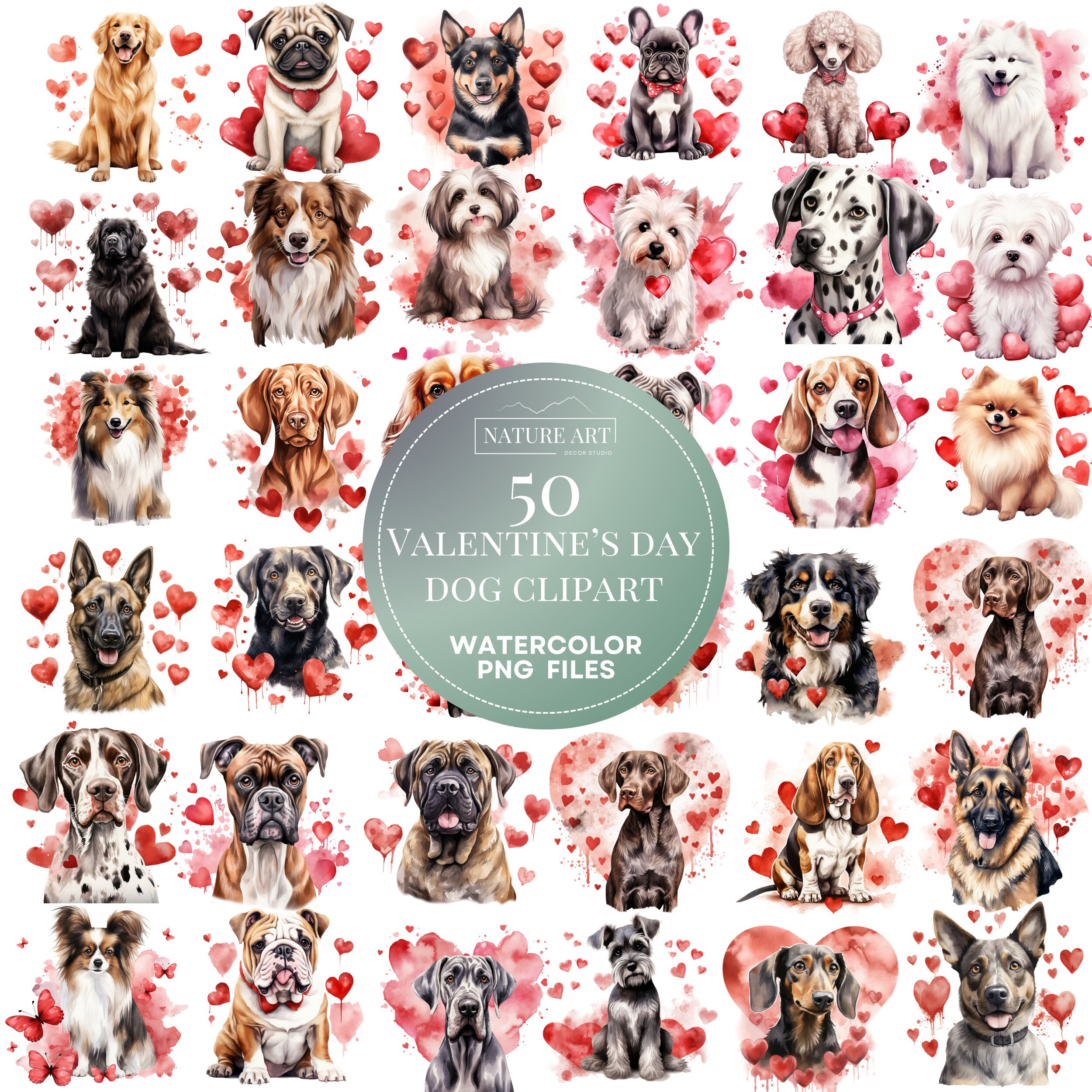 50pc Valentine's Day Watercolor Dog PNG Bundle, Dog Lover's POD Allowed ...