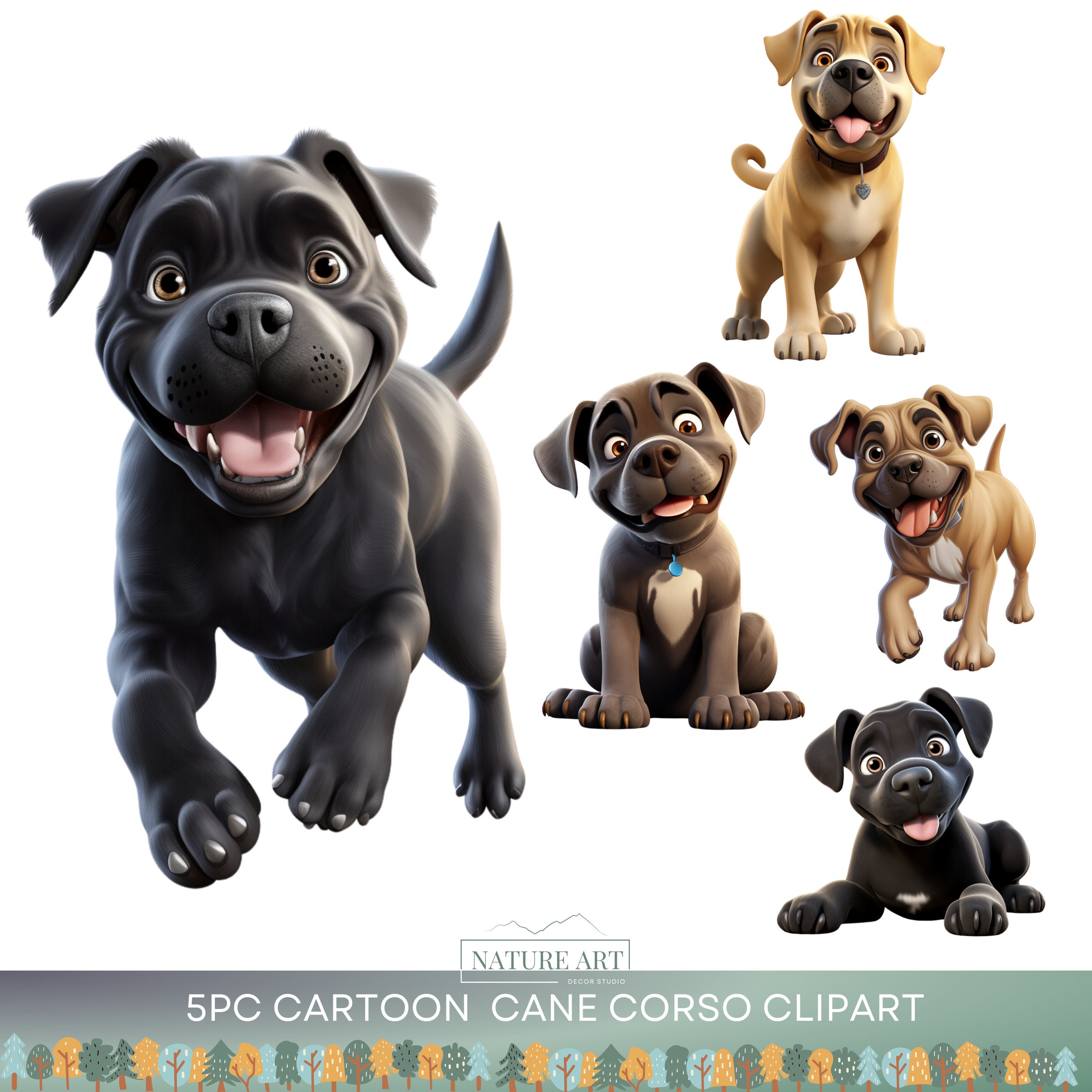 5pc Cartoon Cane Corso Dog Clipart PNG Bundle, Cute Dog POD Allowed ...