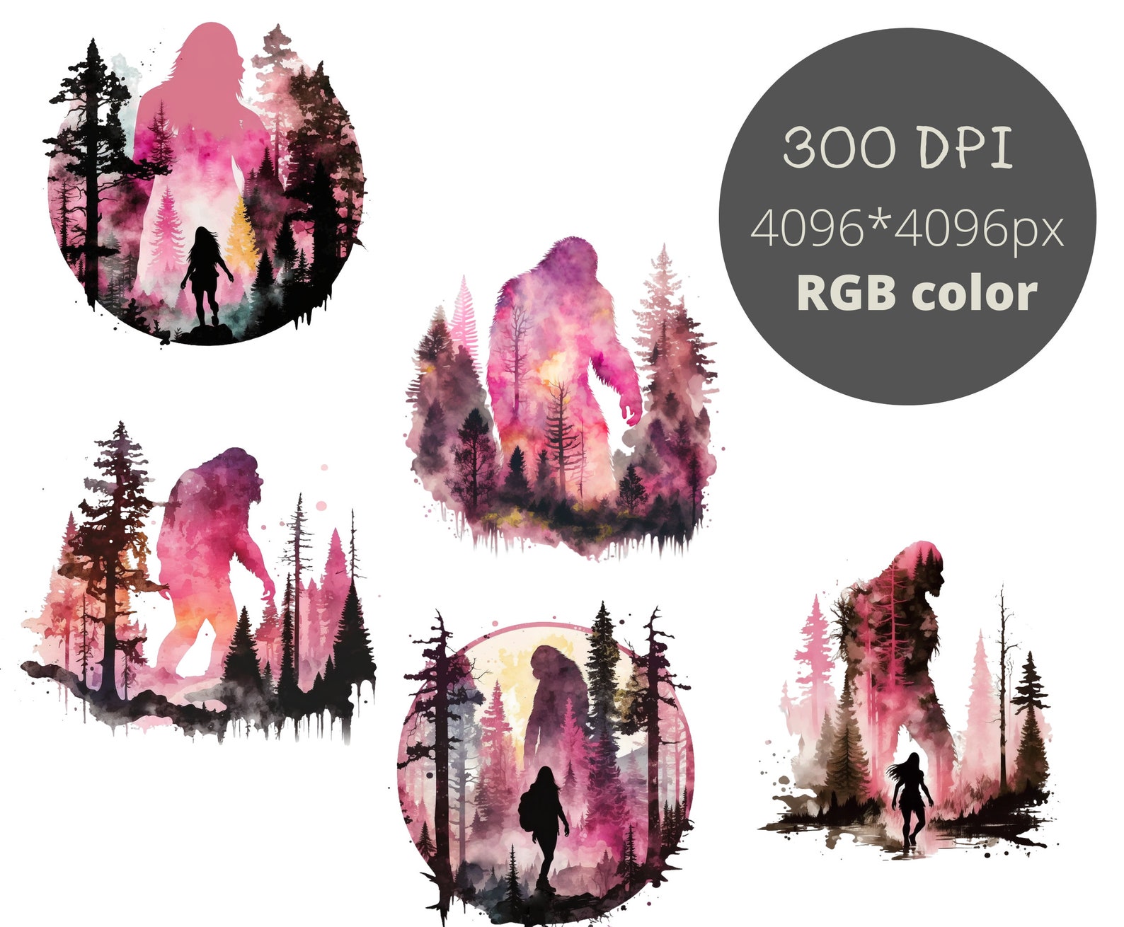 5pc Bigfoot Water Color PNG Bundle Sasquatch Yeti Hiking - Etsy