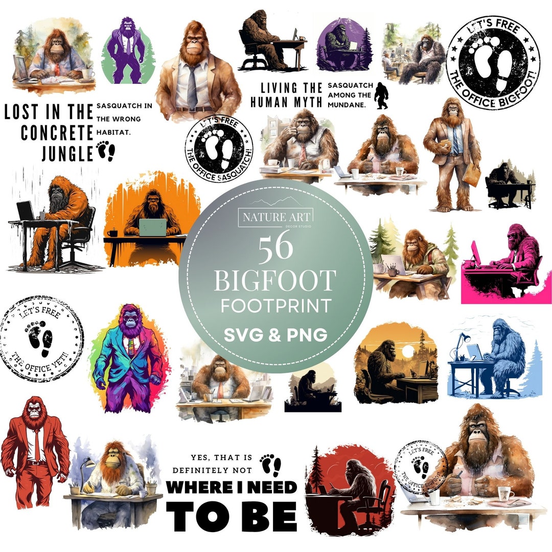 Free the Office Bigfoot 56pc Image Bundle, Sasquatch Yeti PNG SVG Clipart, POD Allowed Digital ...