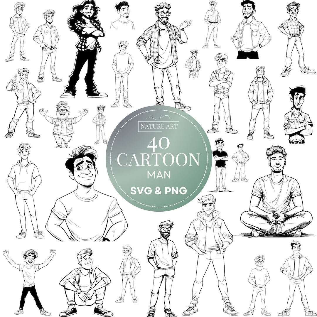 40pc Cartoon Man Black and White SVG & PNG Bundle, Young Male Clipart ...