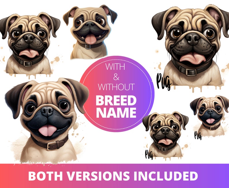 5pc Cartoon Pug Dog Head PNG Bundle Cute Puppy POD Allowed - Etsy