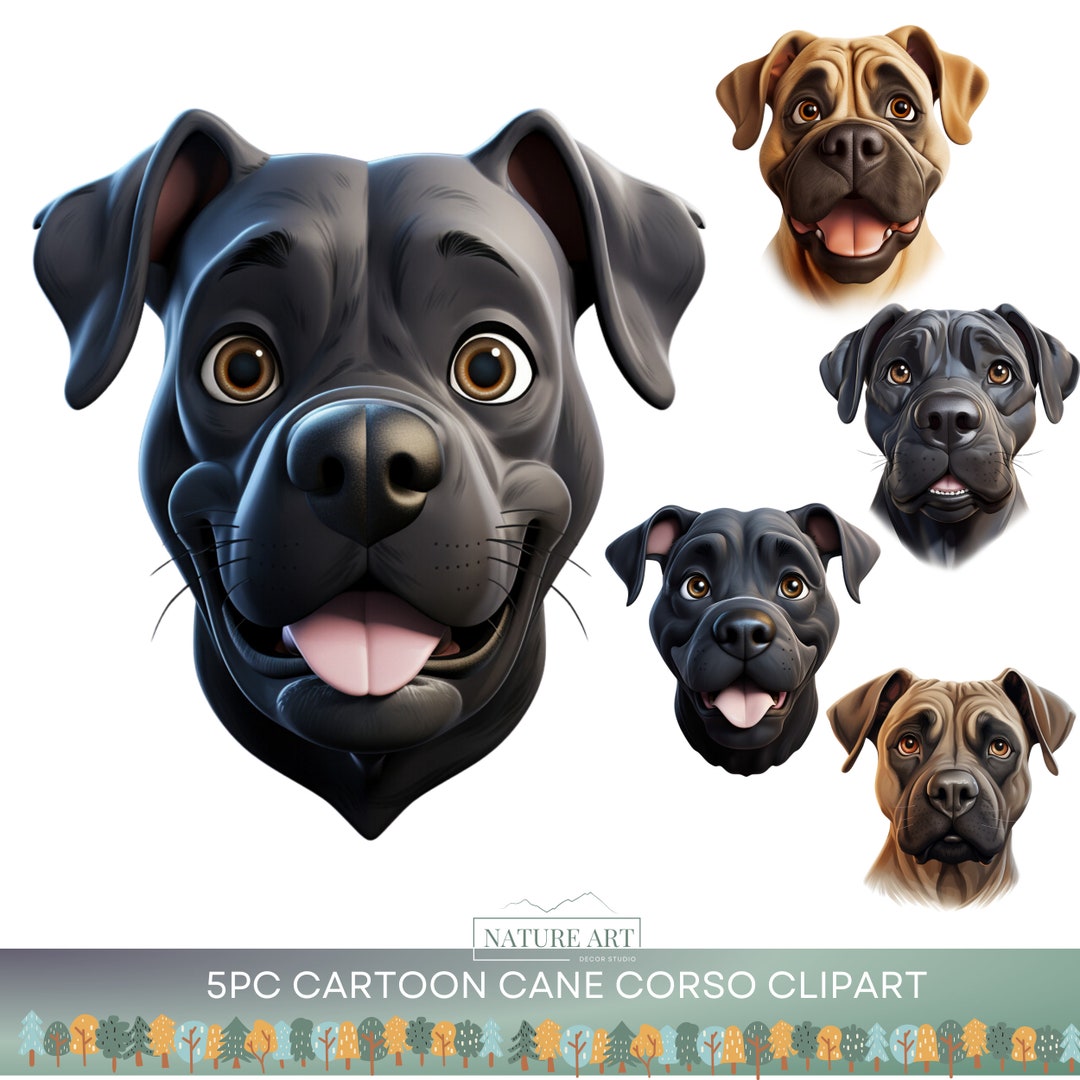 5pc Cartoon Cane Corso Dog Head Clipart PNG Bundle, Cute Dog POD ...