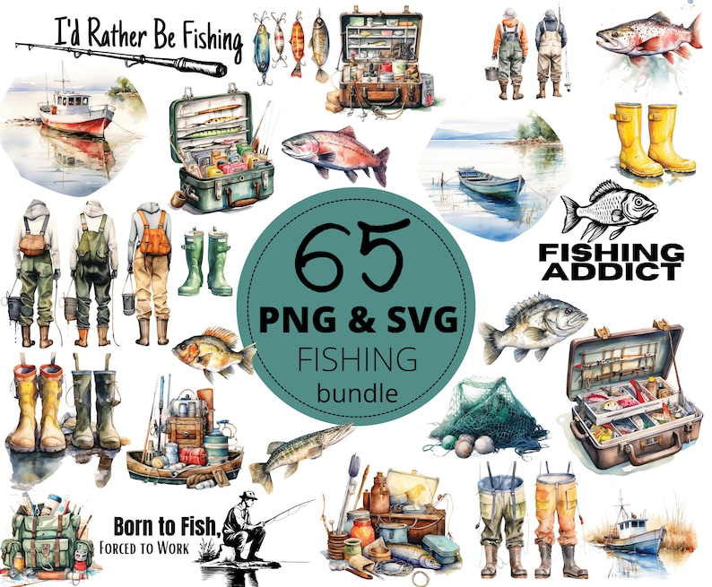 65pc Fishing PNG & SVG Clipart Bundle, Watercolor Fish, Fishing Item ...