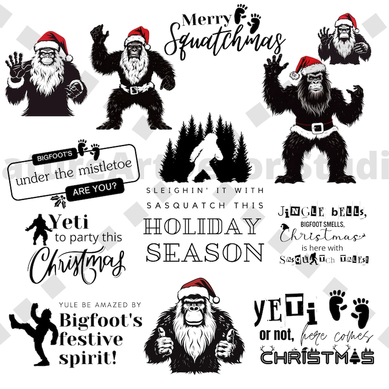 35pc Bigfoot in Santa Mood Watecolor PNG Bundle, Sasquatch Yeti ...