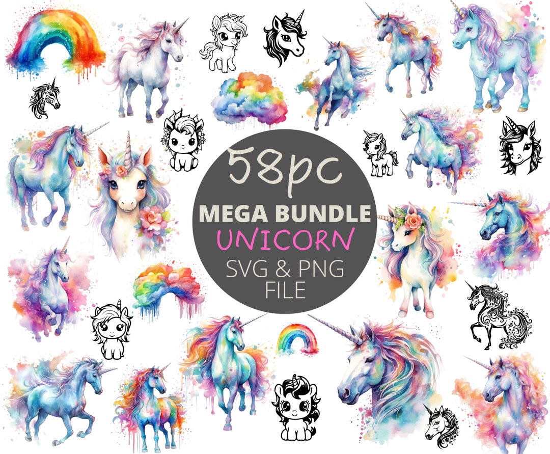 58pc Magical Unicorn Mega Bundle Watercolor PNG&SVG Bundle, Unicorn ...