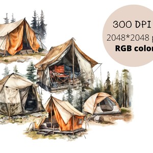15 Outdoor Camping Tent Water Color PNG Bundle, Forests Equipments ...