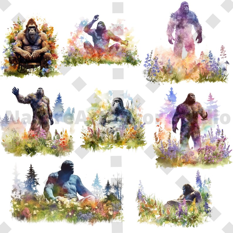 35pc Spring Bigfoot Watercolor PNG Bundle, Sasquatch Yeti Clipart, POD ...