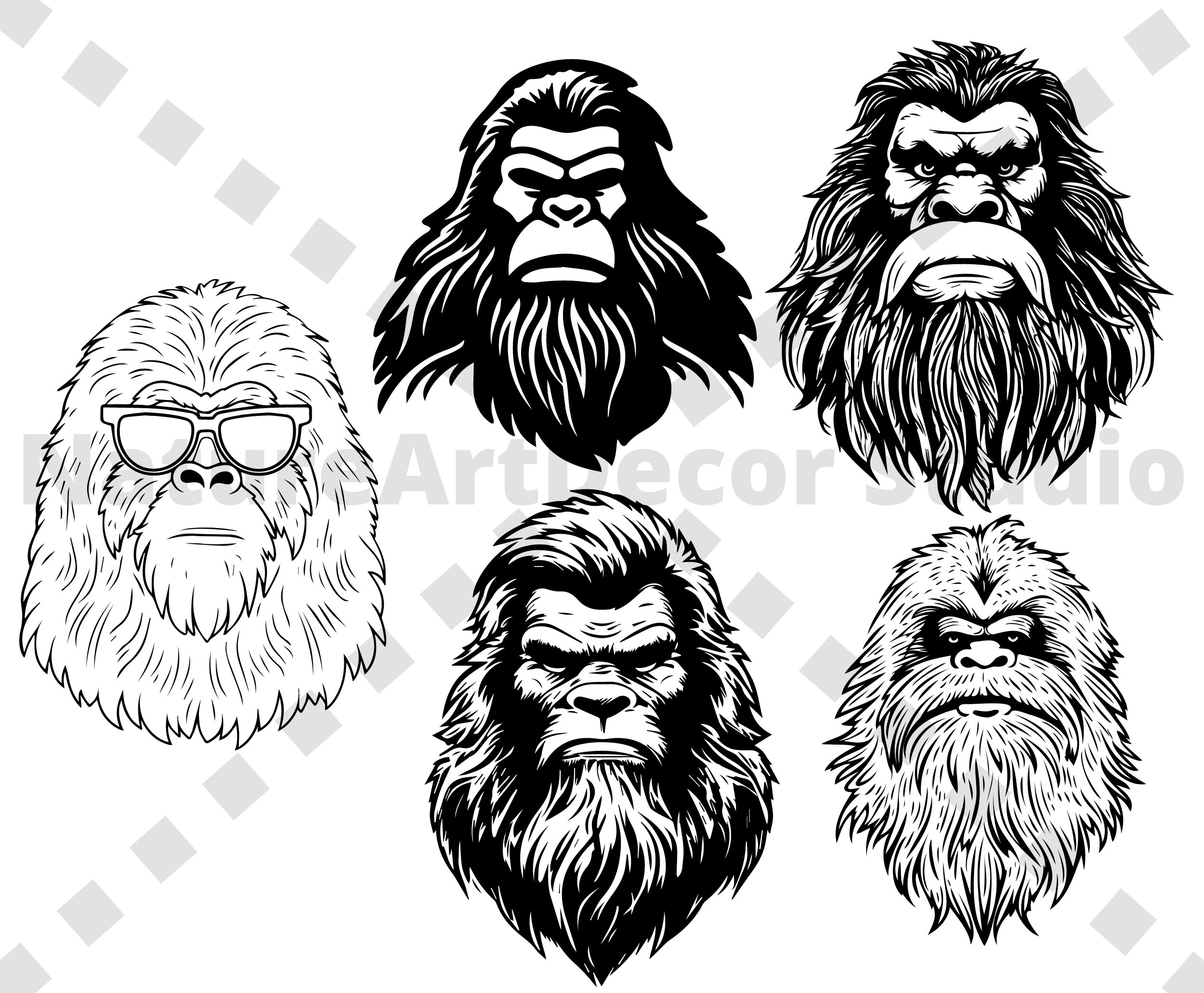 Bigfoot Faces Line Art Svg Bundle, Sasquatch Yeti Head Clipart, POD ...