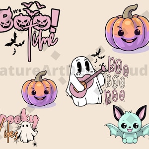 Retro Pink Halloween Image Bundle, 30pc Cute Spooky Ghost PNG Clipart ...