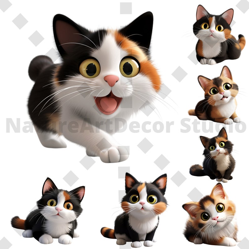 25pc Cute Cartoon Calico Cat PNG Bundle Cute Kitty Animal POD - Etsy