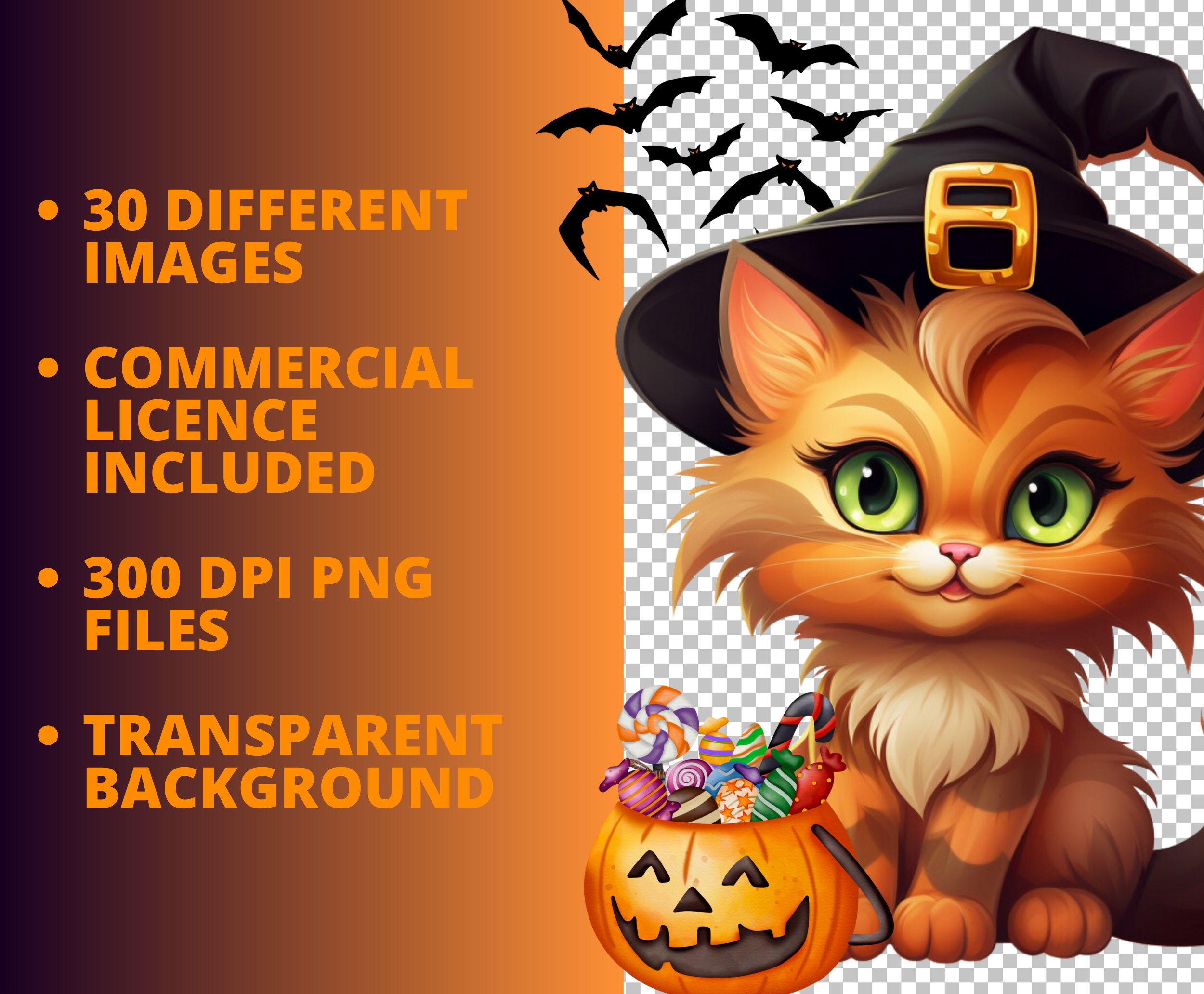 Cute Halloween Cartoon Cats 30pc PNG Bundle Kitty Animal POD - Etsy