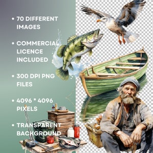 70pc Watercolor Fishing Vibe PNG Bundle, Watercolour Fish Clipart ...
