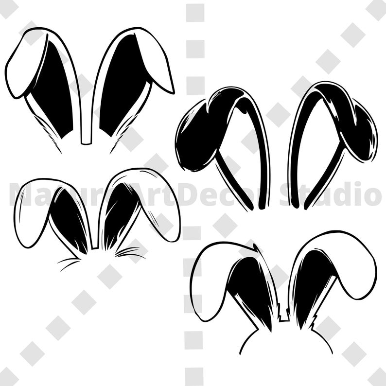 12pc Bunny Ears SVG Bundle, Cute Bunny Ears Clipart, Black and White ...
