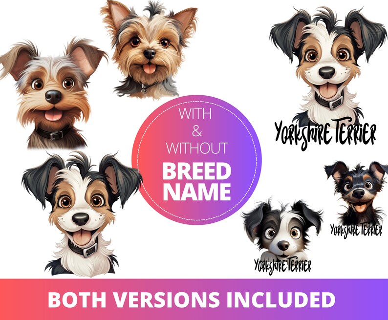 5pc Cartoon Yorkshire Terrier Head PNG Bundle Cute Puppy POD - Etsy