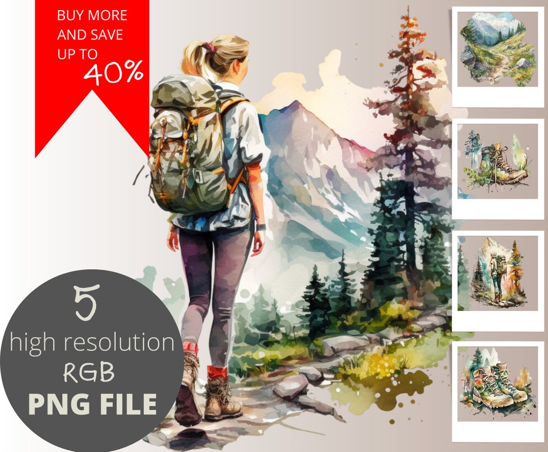5pc Hiking Girl Watercolor PNG Bundle, Printable Wanderlust Digital ...