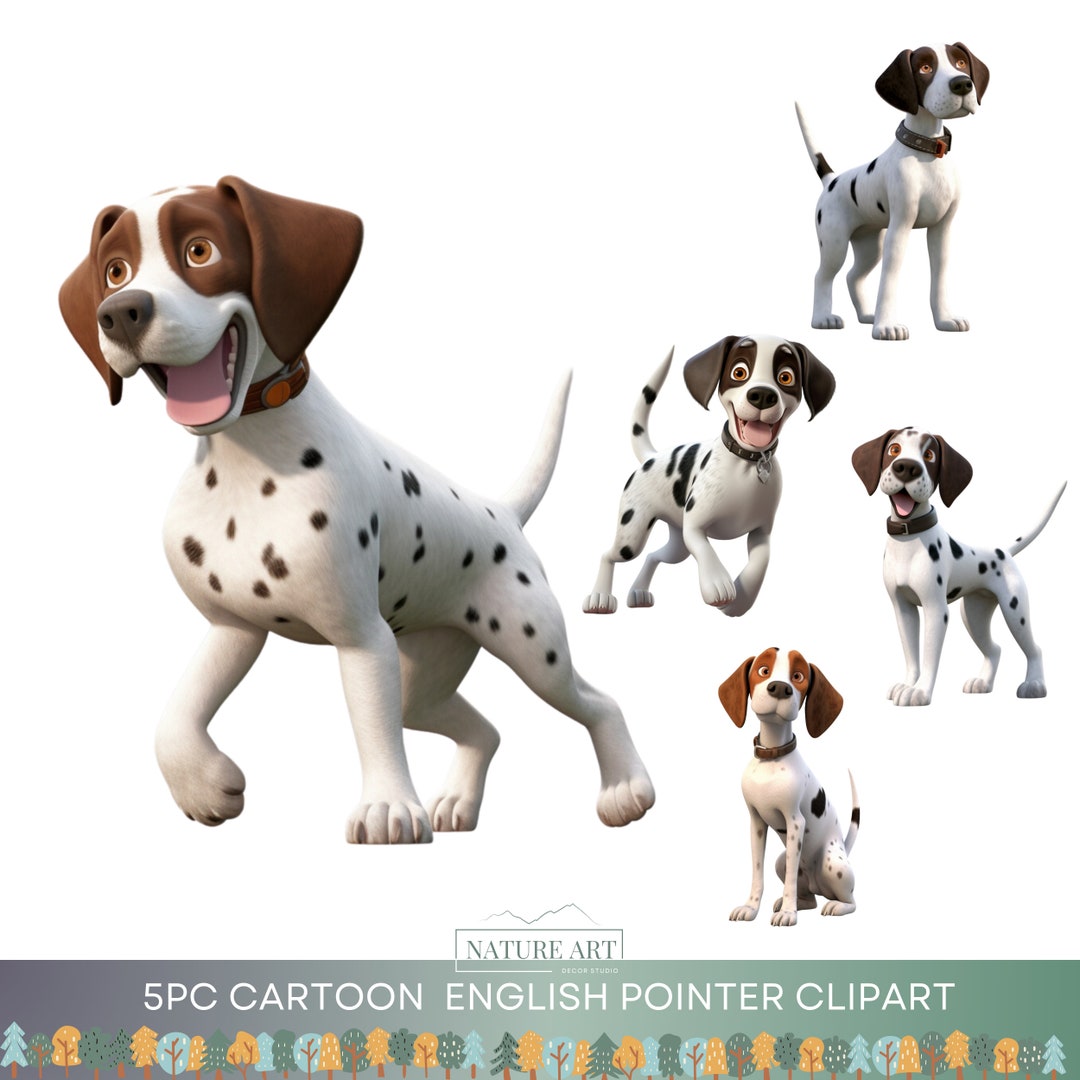 5pc Cartoon English Pointer Dog Clipart PNG Bundle, Cute Dog POD ...
