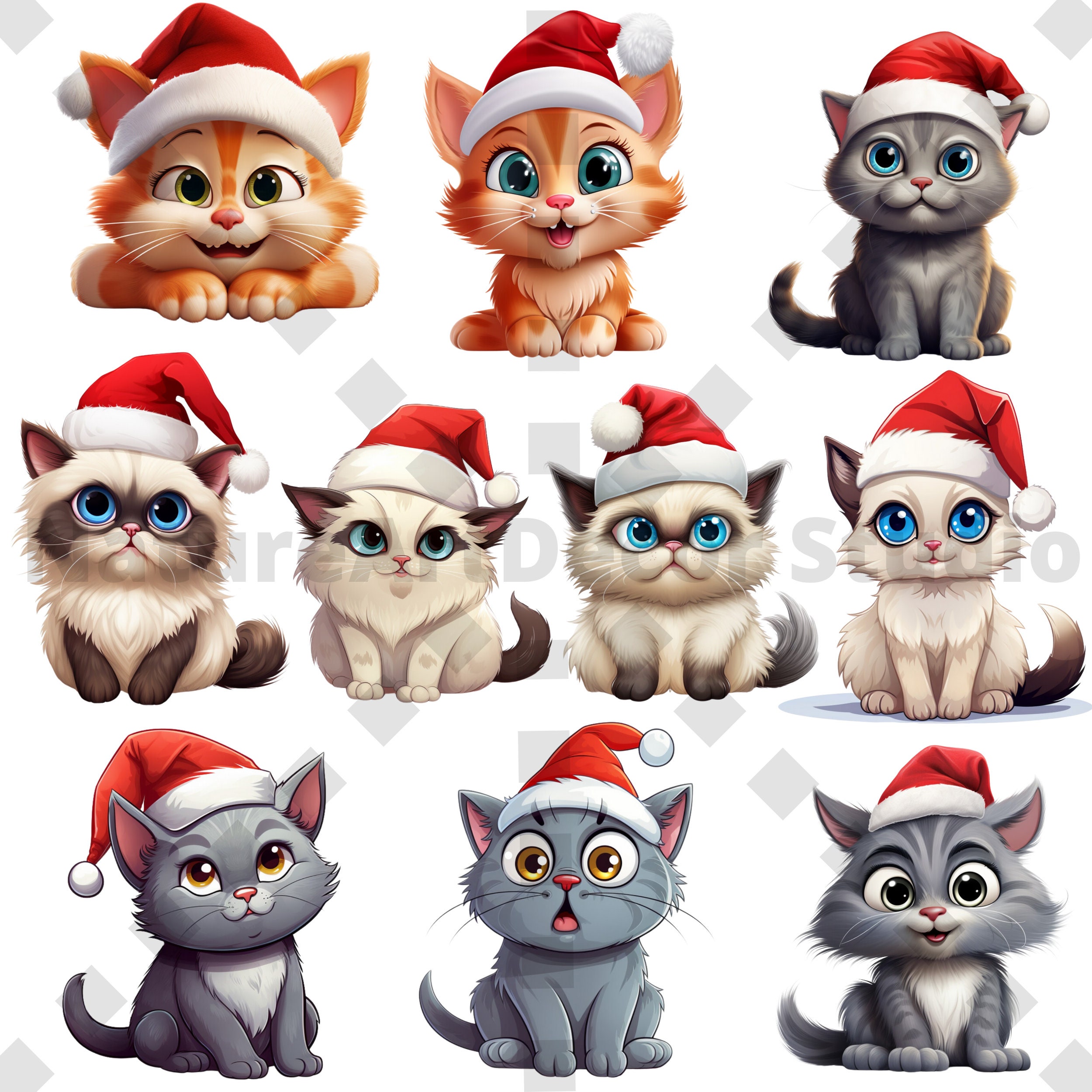 Cute Cartoon Christmas Cats 50 Pc PNG Bundle, Cute Puppy Cat With Santa ...