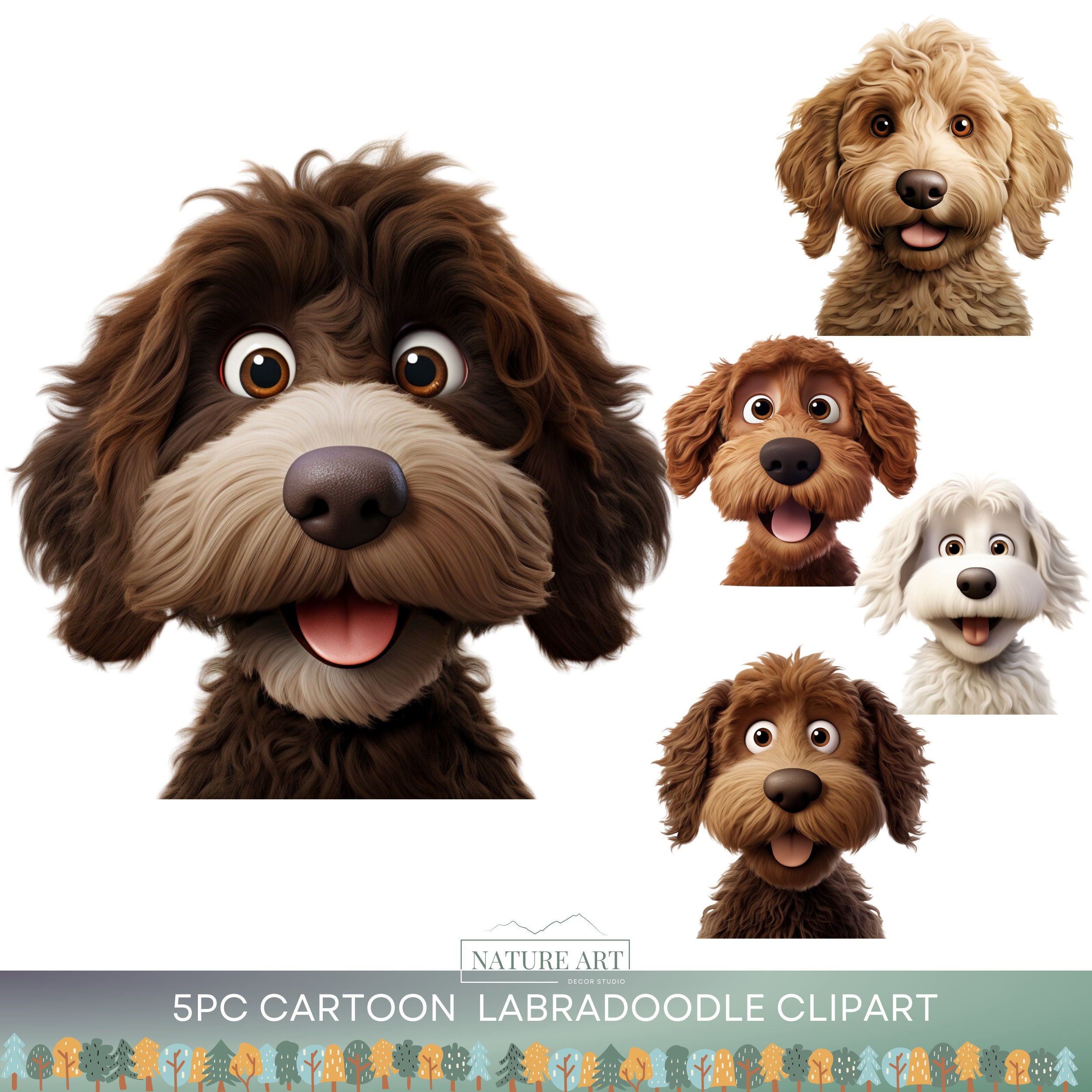 5pc Cartoon Labradoodle Dog Face Portrait Clipart PNG Bundle, Cute Dog ...