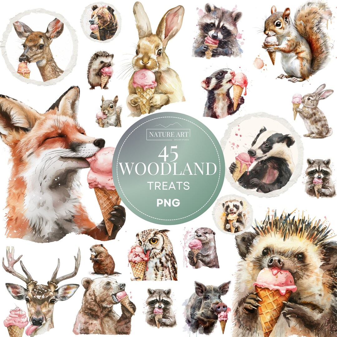 45pc Woodland Treats PNG Bundle, Watercolor Animal Clipart, Animals ...