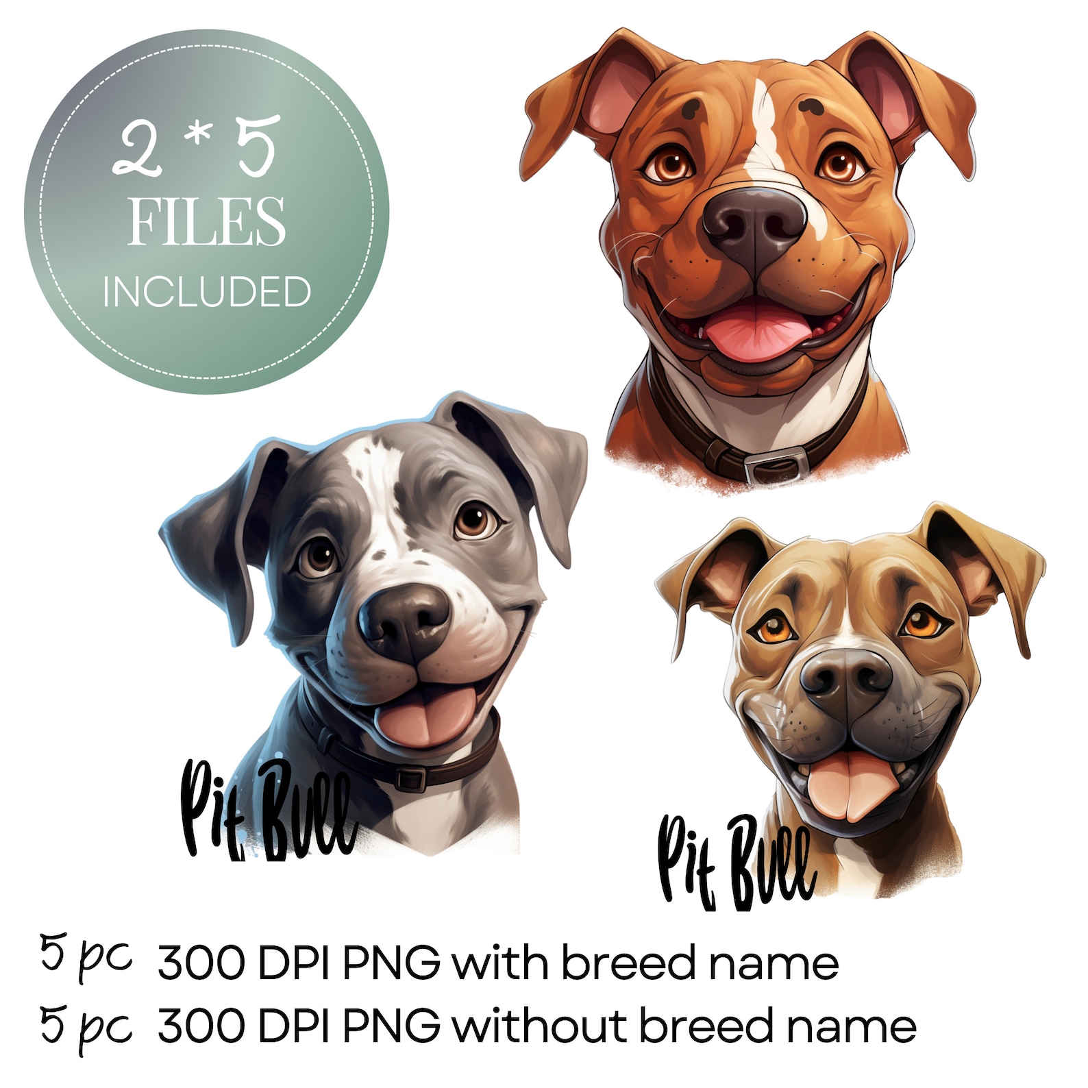 5pc Cartoon Pit Bull Head PNG Bundle Cute Puppy POD Allowed - Etsy