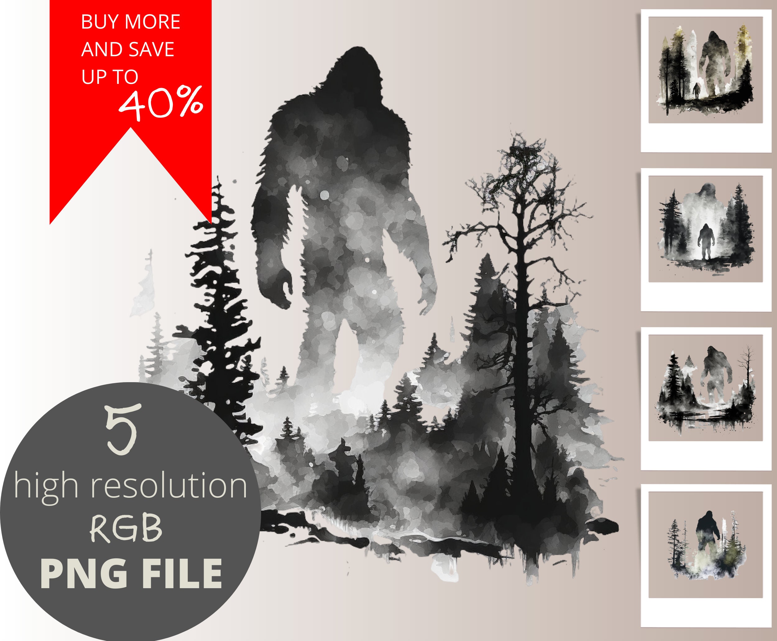 5pc Bigfoot Water Color PNG Bundle Sasquatch Yeti Hiking - Etsy