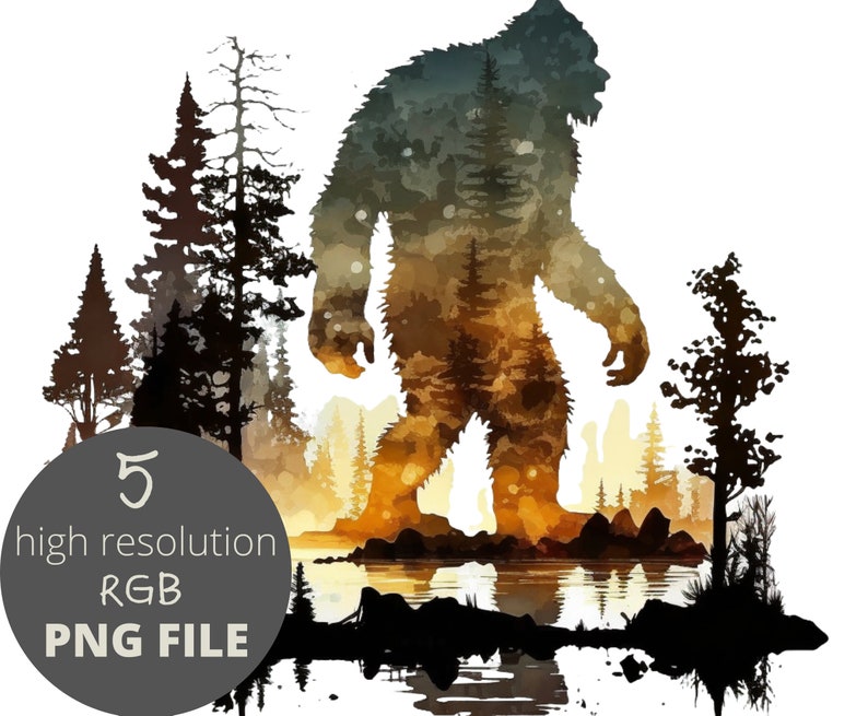 5pc Bigfoot Water Color PNG Bundle, Sasquatch Yeti Hiking Clipart, POD ...