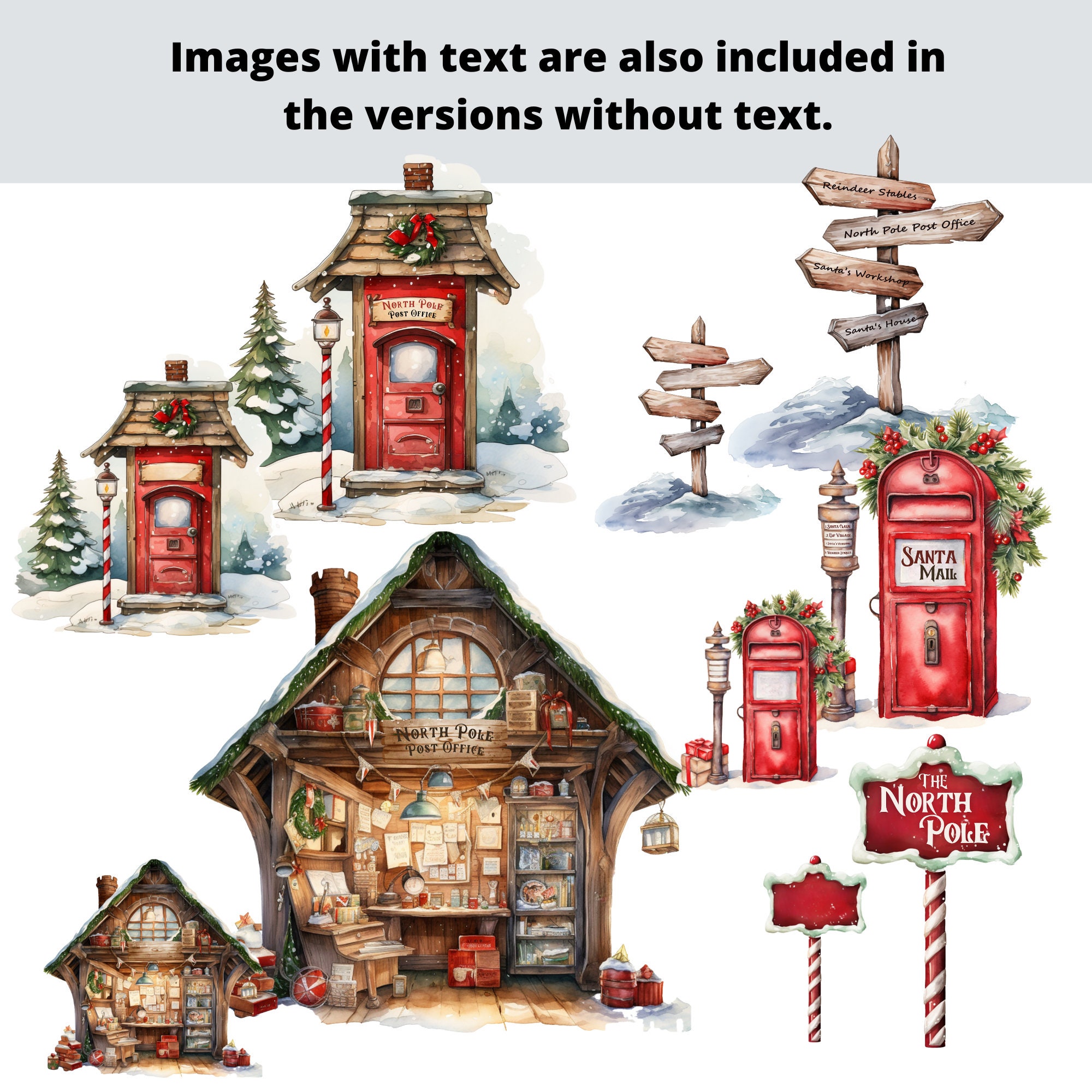 100pc North Pole Vintage Santa Watercolor PNG Clipart Bundle, Winter ...