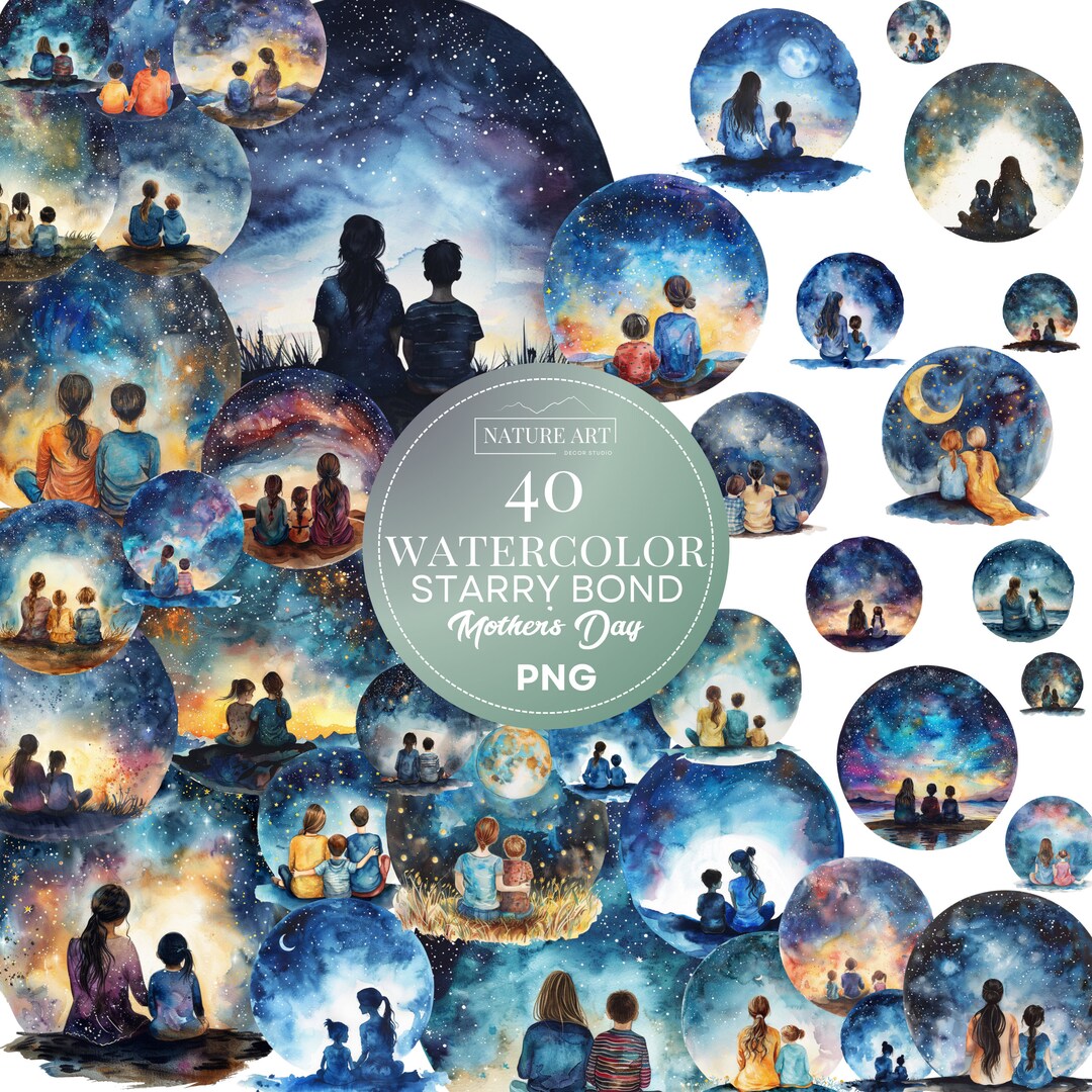 40pc Watercolor Starry Bond PNG Bundle, Mother and Child Beneath the ...