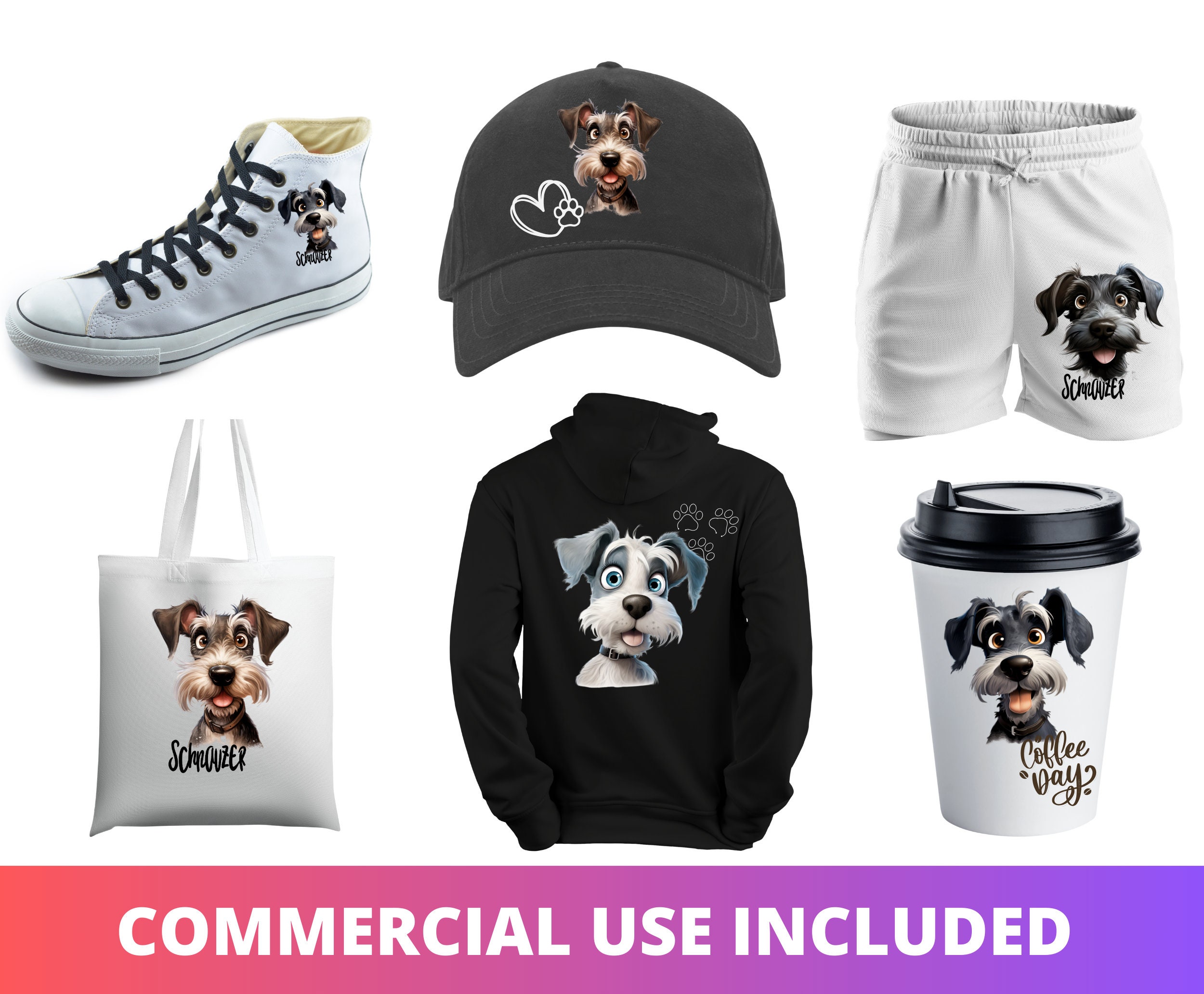5pc Cartoon Schnauzer Head PNG Bundle, Cute Puppy POD Allowed Digital ...
