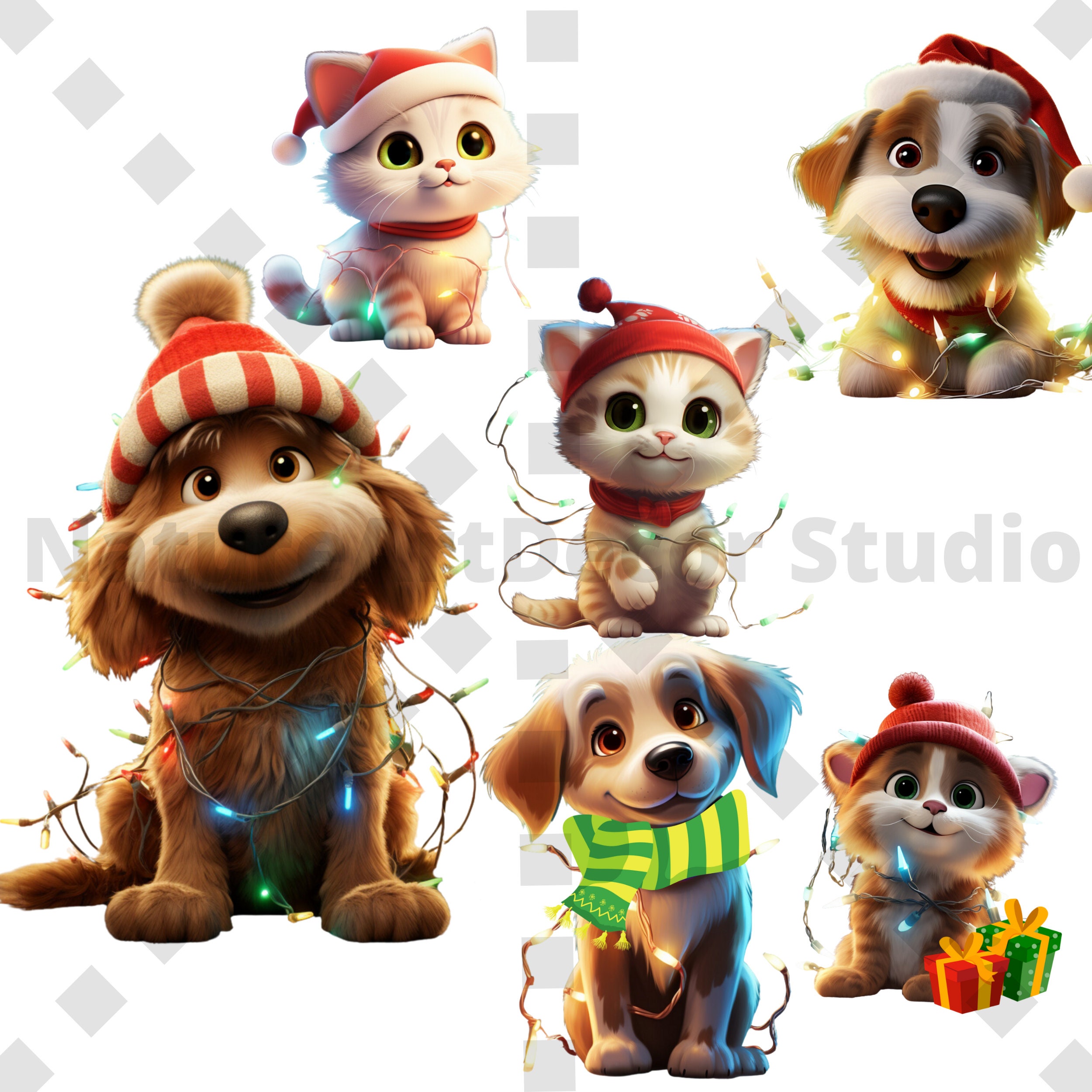 Cute Cartoon Christmas Cats and Dogs 20 Pc PNG Bundle, Cute Puppy Dog ...
