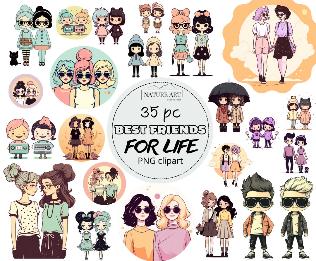 35pc Retro Cartoon Best Friends Forever PNG Bundle, Best Friends ...