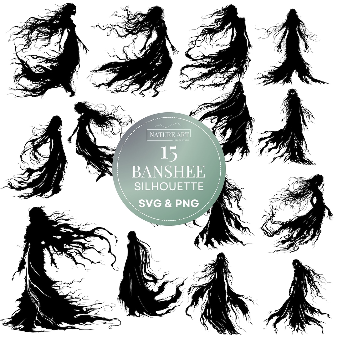 Banshee Silhouette Line Art Svg Bundle, Female Monster Cryptid Clipart ...