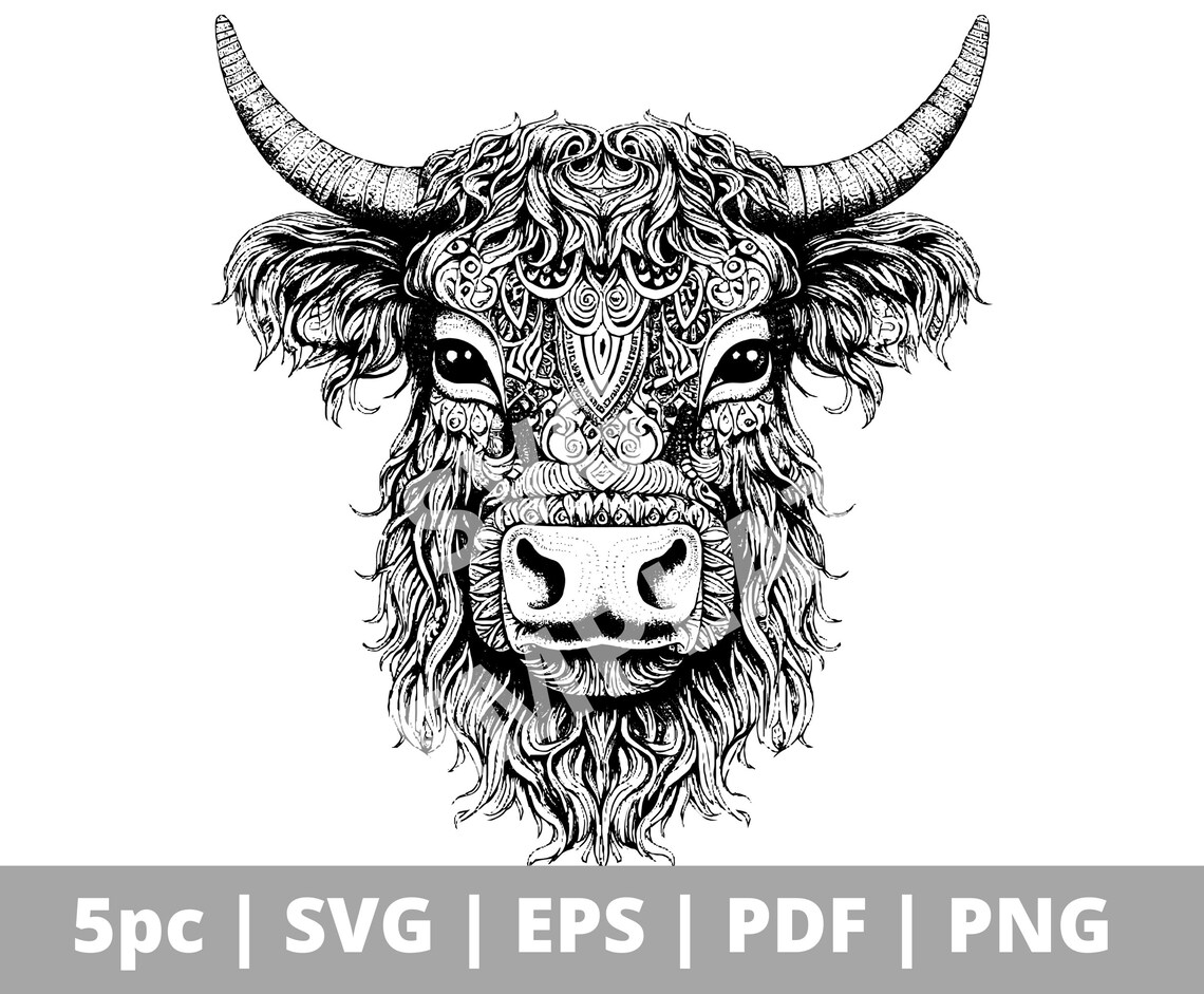 5pc Boho Highland Cow SVG EPS PDF Png Bundle Hippie Cow - Etsy