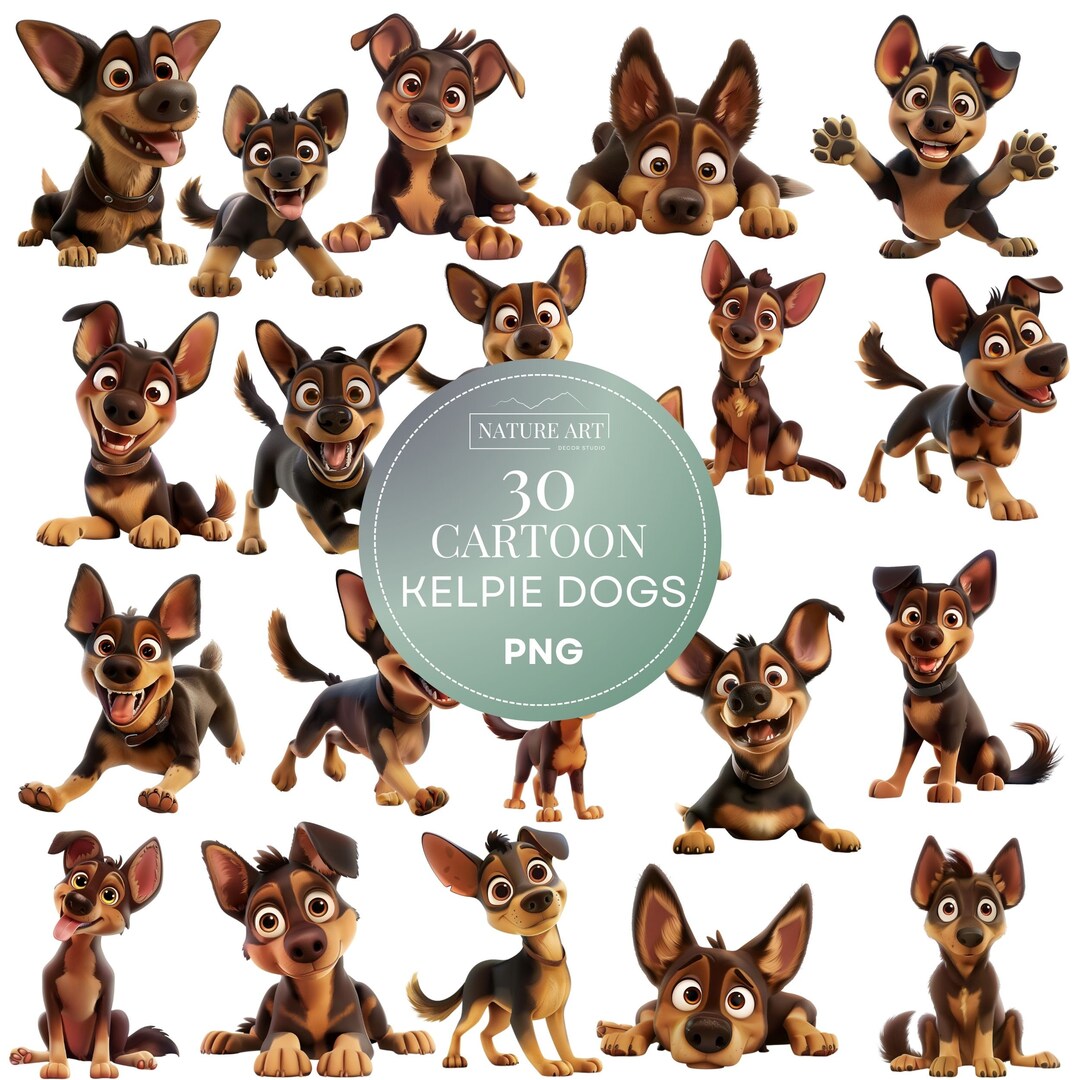 30pc Cartoon Australian Kelpie Dog Clipart PNG Bundle, Cute Dog POD ...