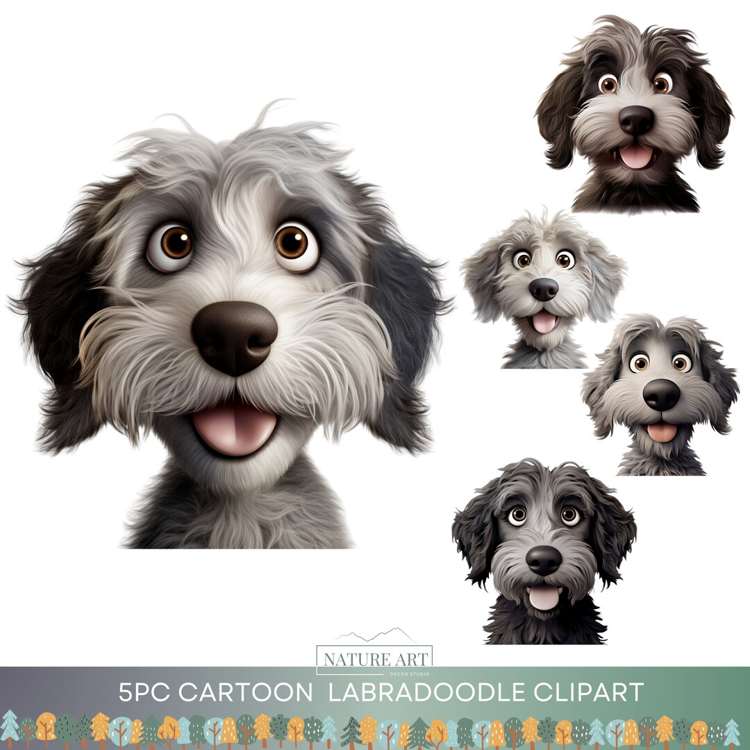 5pc Cartoon Labradoodle Dog Face Portrait Clipart PNG Bundle, Cute Dog ...
