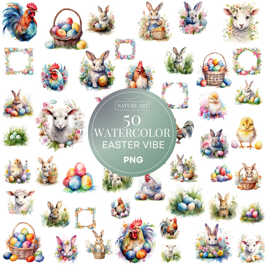 50pc Watercolor Easter Vibe PNG Bundle, Watercolor Animal Clipart ...